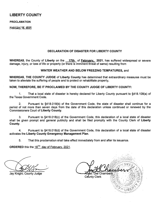 Declaration of Disaster for Liberty County | Liberty Vindicator